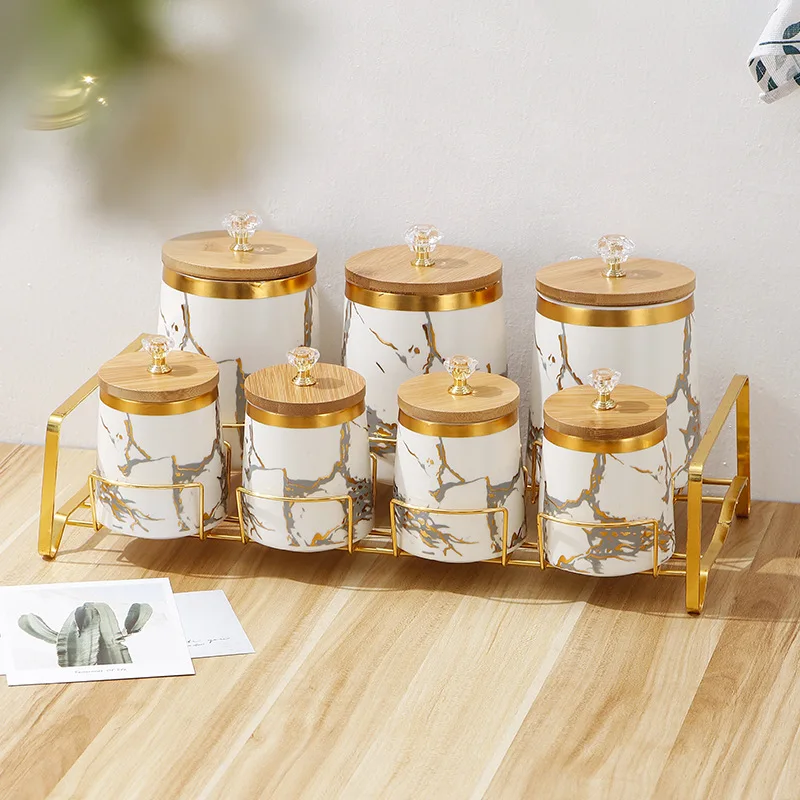 Kitchen Supplies Golden Marble Texture Airtight Jars Ceramic Jars with ...