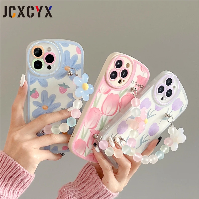 Cute 3D Flower Wrist Phone Chain Soft Phone Case for iphone 12 14 Pro ...