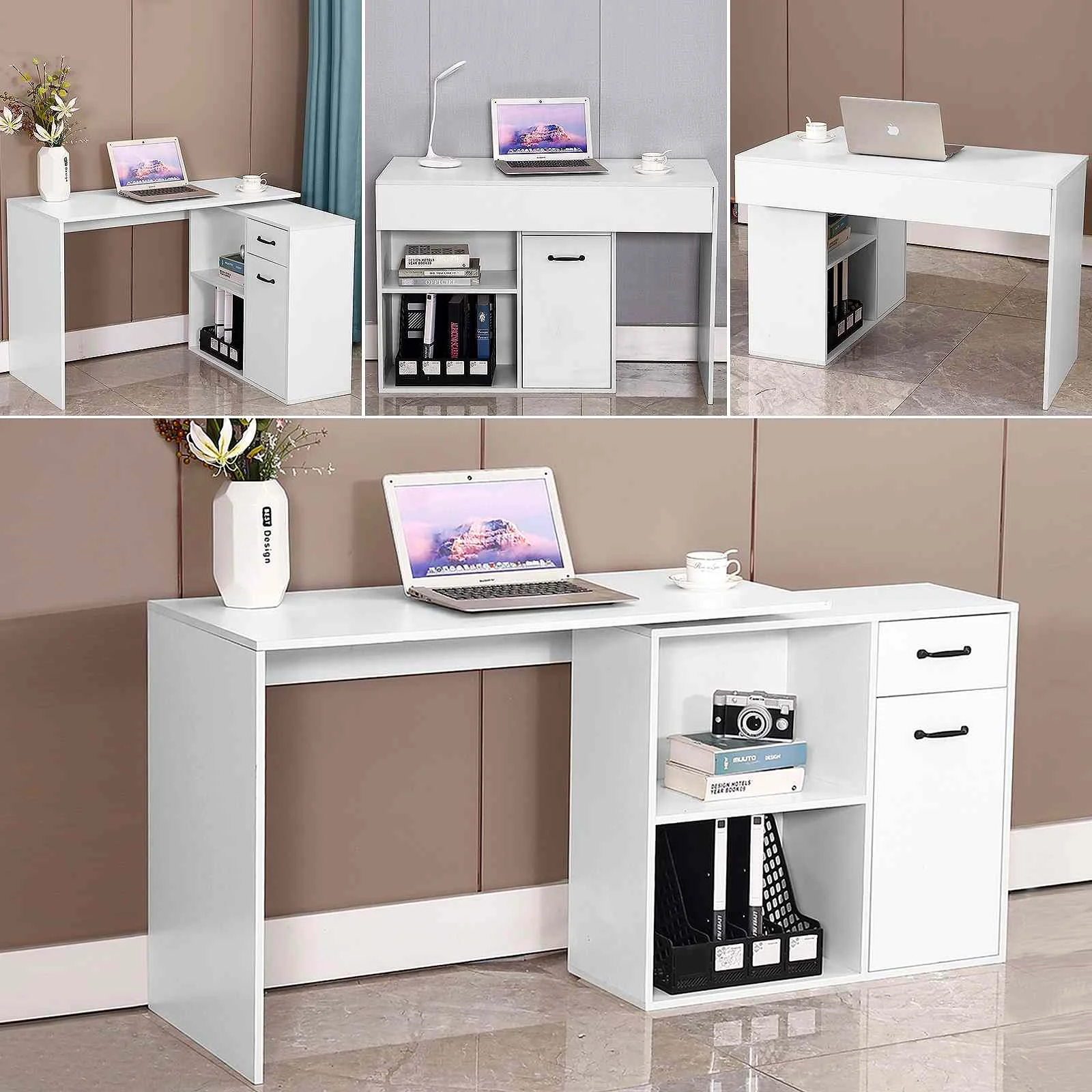 68 inch L-Shaped Rotating Computer Desk with Storage Shelves Modern ...