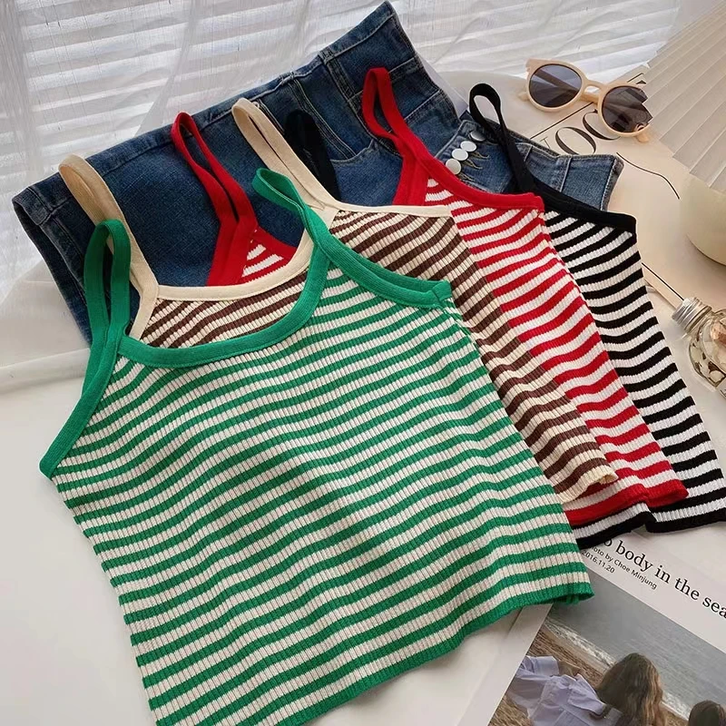 Itoolin Women Knitted Camis Casual Crop Tops O-neck Cropped Stripes ...