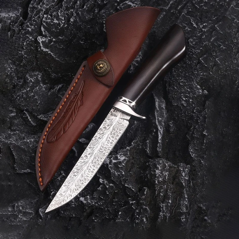 High-Hardness-Feather-Patterned-9cr18mov-Blade-Ebony-Handle-Hunting ...