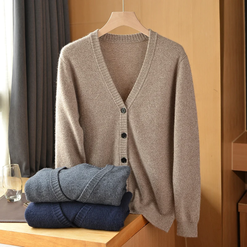 100-Casaco-de-Cabra-Cashmere-dos-homens-V-Neck-Cardigan-Roupas-Outono-e ...