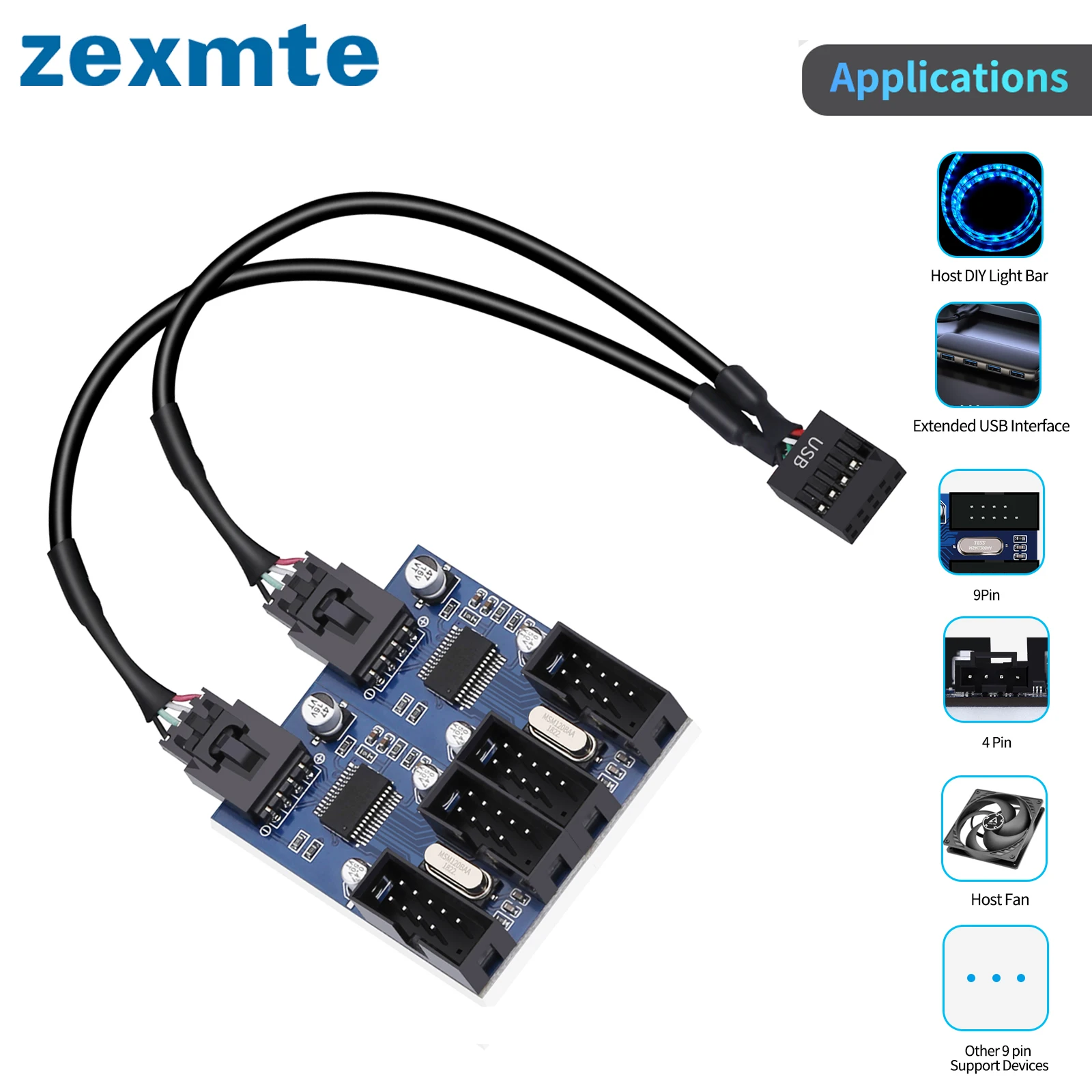 Zexmte-Motherboard-9pin-USB-header-Male-1-to-2-4-Female-Extension-Cable ...