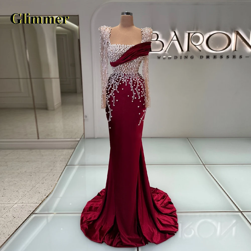 Glimmer Sparkly Mermaid Pearls Prom Dresses with Sleeves Square Collar ...