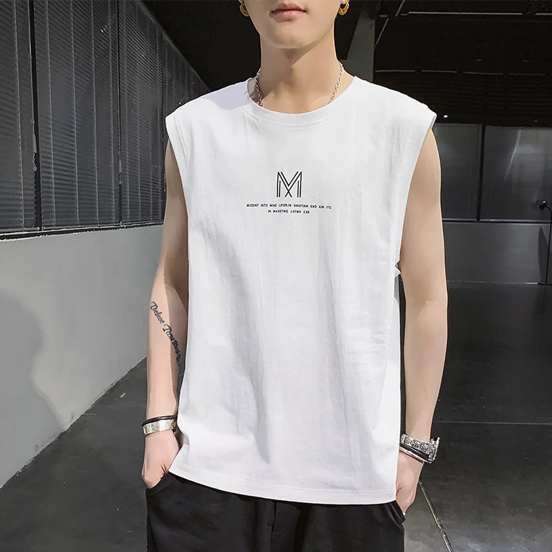 남성 운동 체육관 탱크 탑 캐주얼 민소매 스포츠웨어 조끼 티셔츠 한국 패션 글자 인쇄 탱크 티 근육