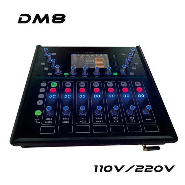 DM8 전문 디지털 믹서 9 채널 입력 오디오 DJ 콘솔 PC/APP 소프트웨어 디버깅 사운드 카드 TikTok 라이브 방송 ...