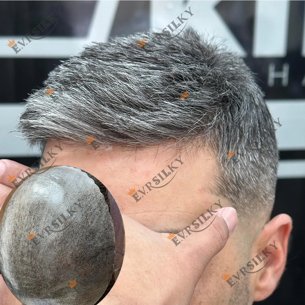 Men Silicon Toupee Cheap Human Hair Brown Grey Black 1B40 Super Durable ...