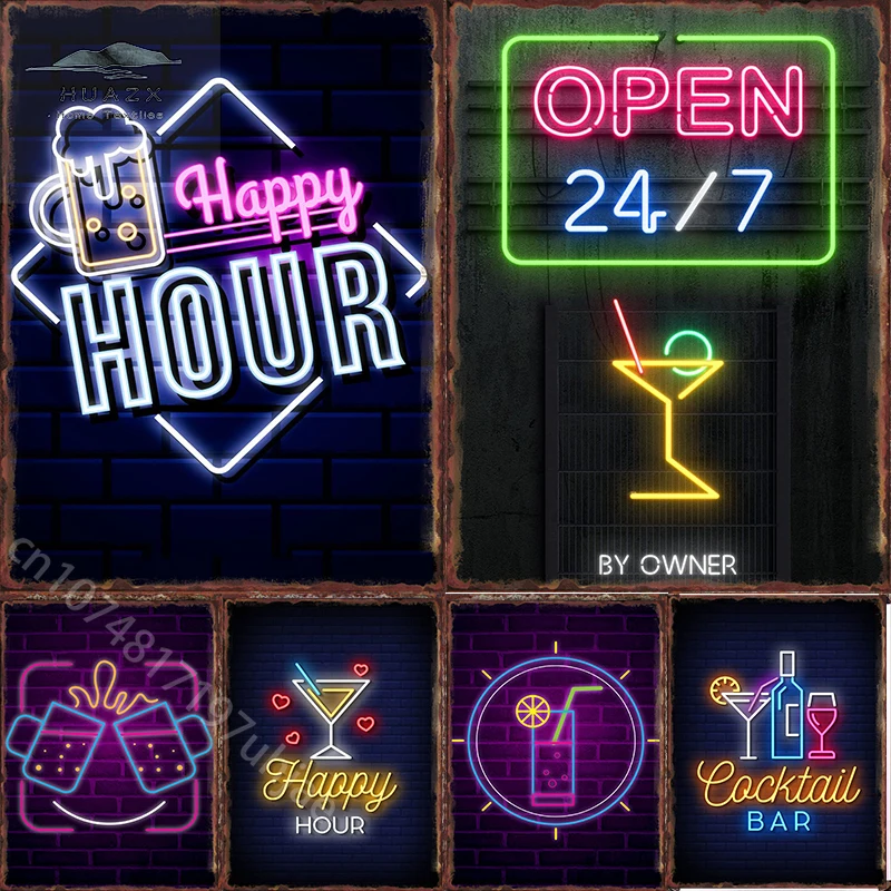 Vaporwave-Neon-Happy-Hour-Metal-Signs-for-Bar-Club-Pub-Bedroom-Tin-Sign ...