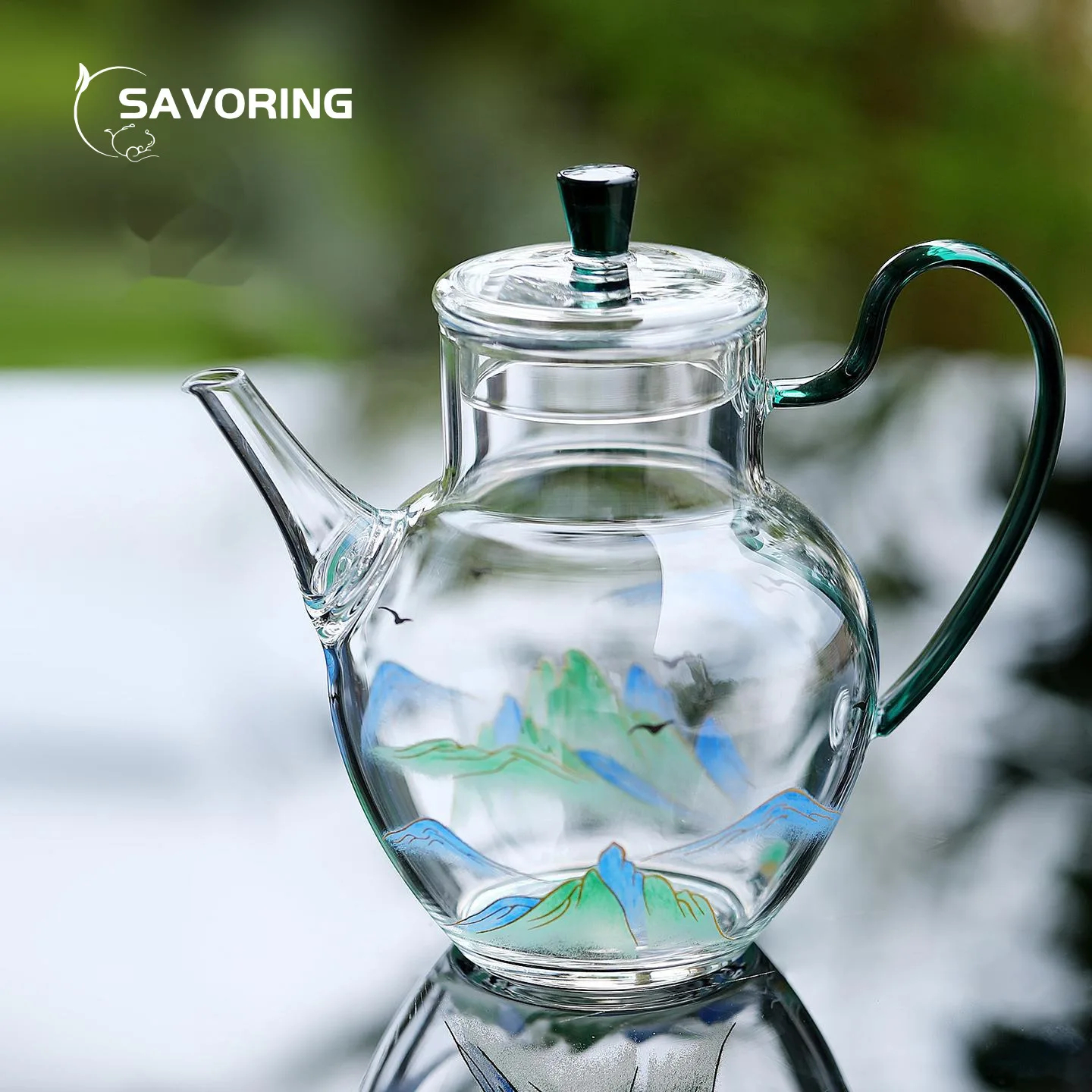 Landscape Painting Glass Teapot Tea Infuser Teapot With Infuser Holder ...