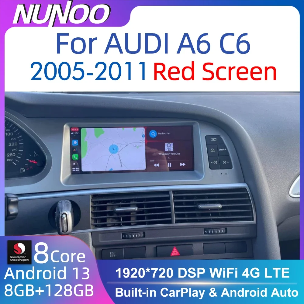 Nunoo Android 13 CarPlay Car Radio Player For Audi A4 A5 A6 Q7 MMI 2G Basic Red Screen GPS Navi ...