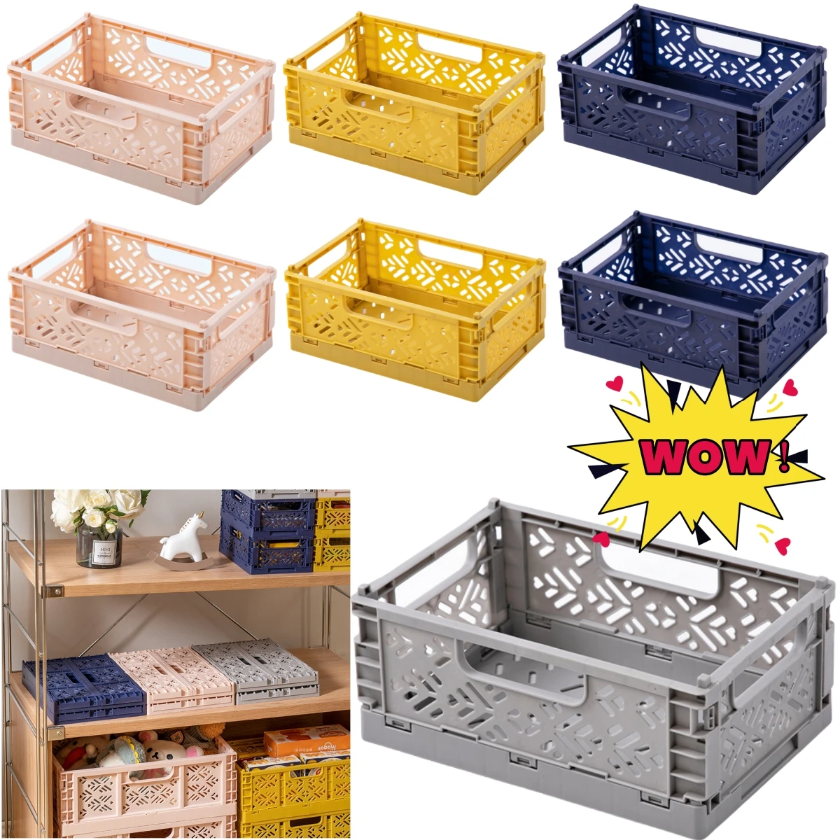 1-3PCS Collapsible Crate Plastic Folding Basket Utility Cosmetic ...