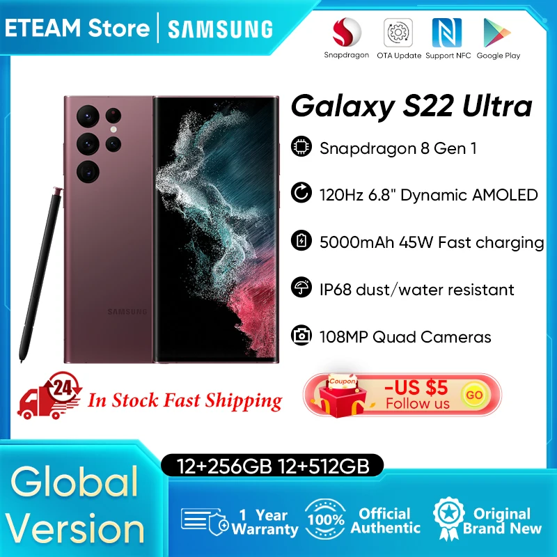 Samsung Galaxy S22 Ultra 5G Smartphone Snapdragon 8 Gen 1 120Hz 6.8 ...