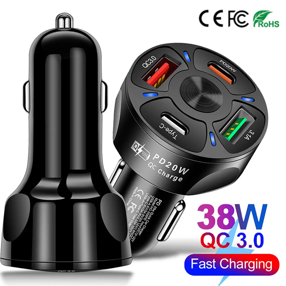 Cargador de coche 4 puertos USB de carga rápida 20W PD 3.1A adaptador de carga encendedor de ...