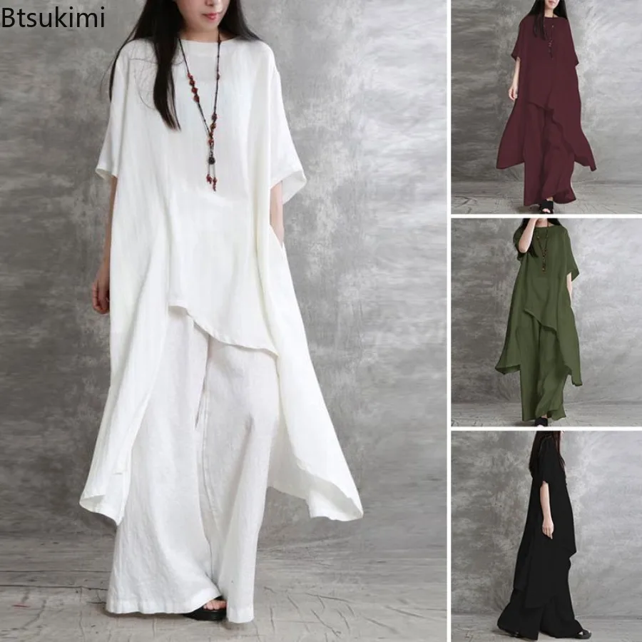 Women Cotton Linen Matching Sets 2026 New Summer Outifits Half Sleeve ...