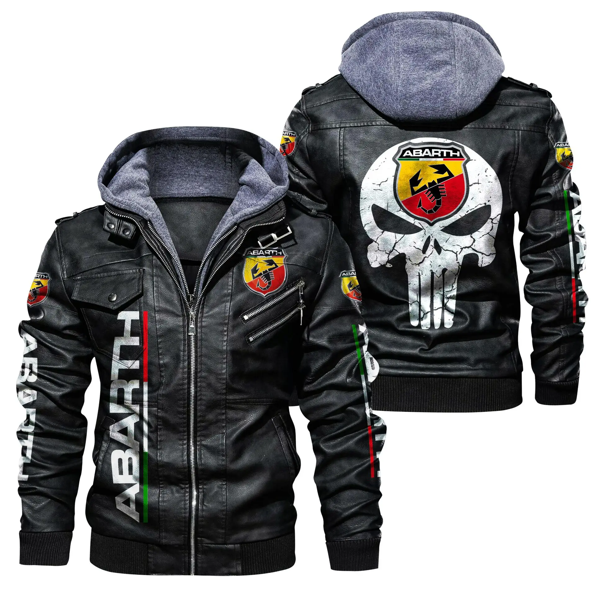 2022 New Winter Eurosize Men's Pu Leather Abarth Logo Long Sleeve Zipper Hooded Jacket Fleece ...