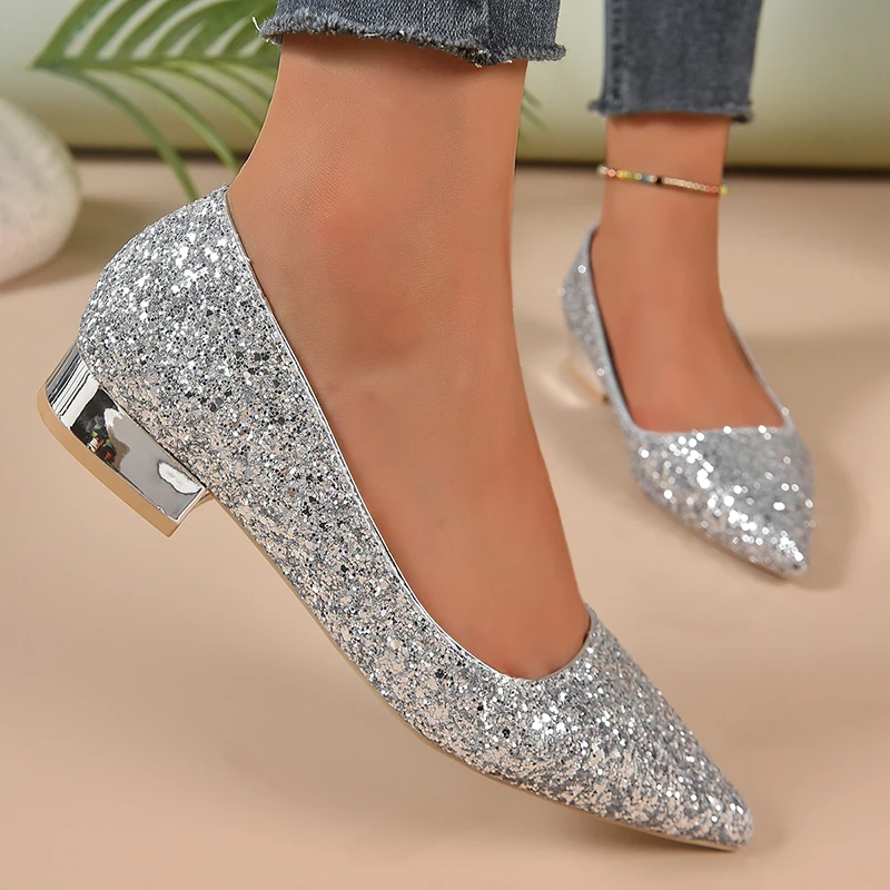 Escarpins-talons-bas-argent-s-pour-femmes-paillettes-brillantes ...