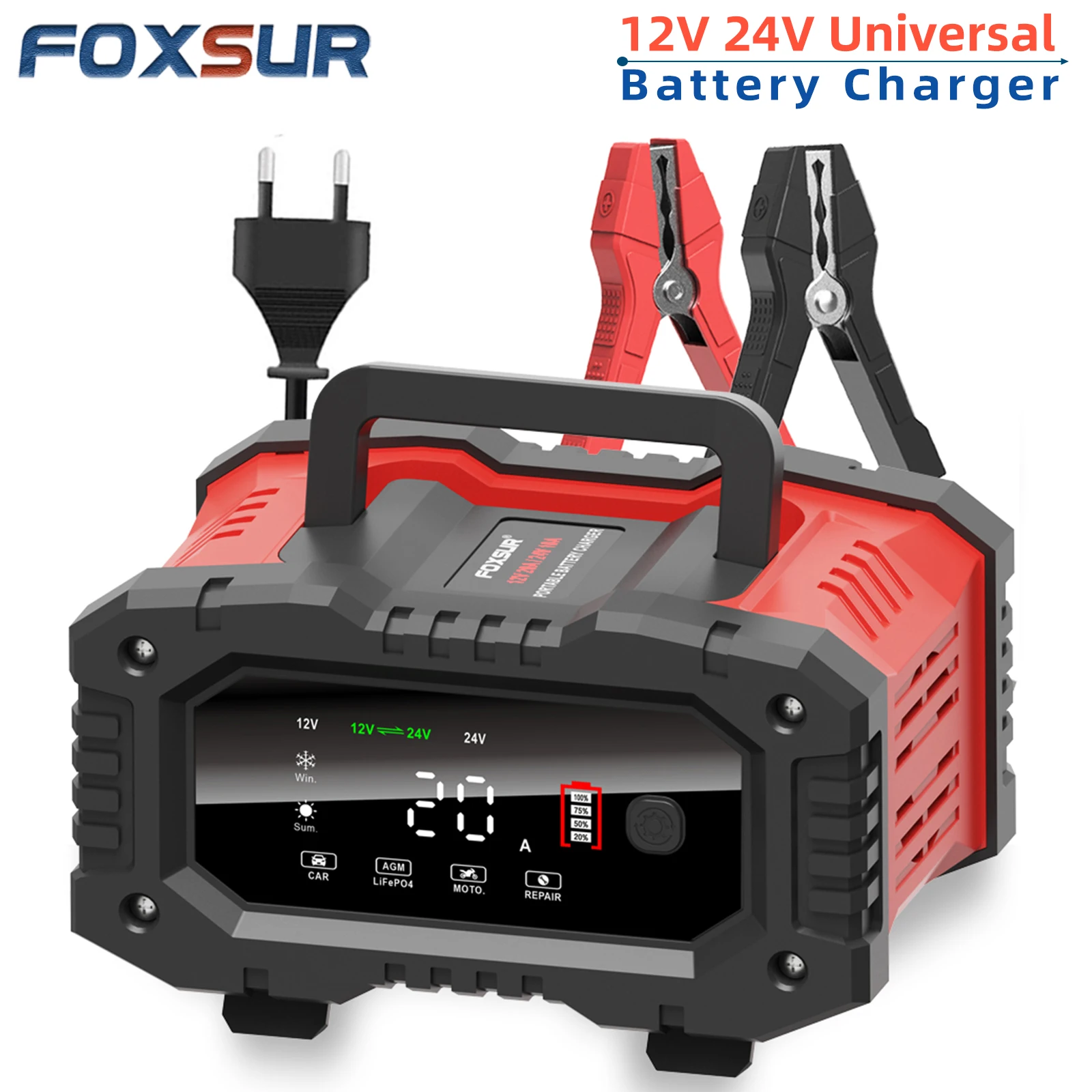 FOXSUR Portable 20A Car Battery Charger 12V 24V Automatic Motorcycle ...