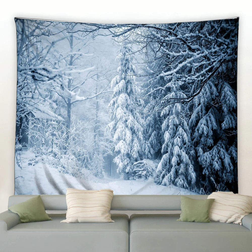 Winter Forest Tapestry White Snow Landscape Wall Hanging Natural Trees ...
