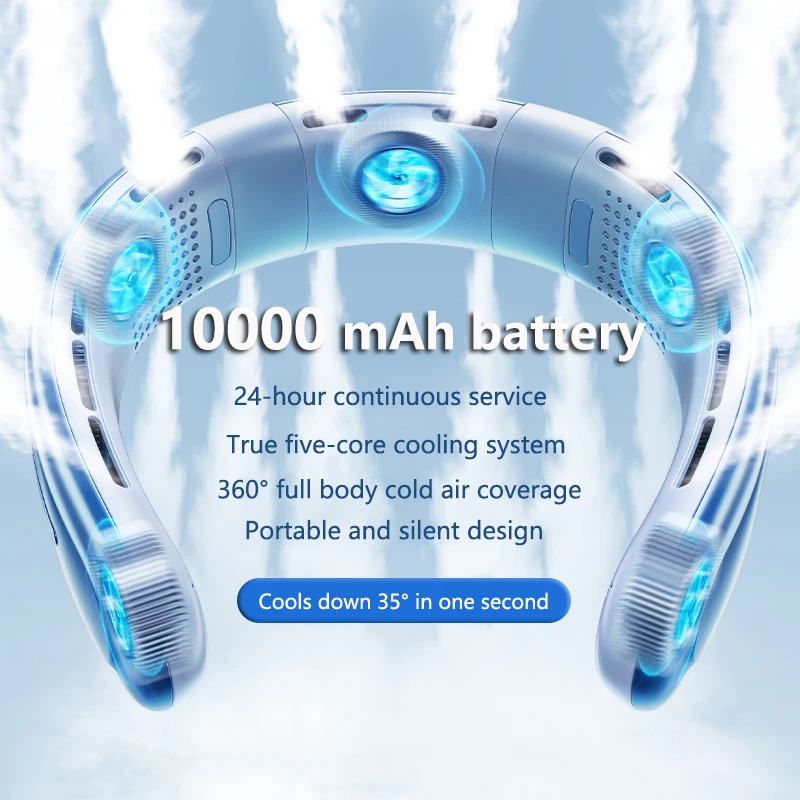 NEW-10000mAh-Neck-Fan-Five-core-High-Wind-Semiconductor-Neck-Cooling ...