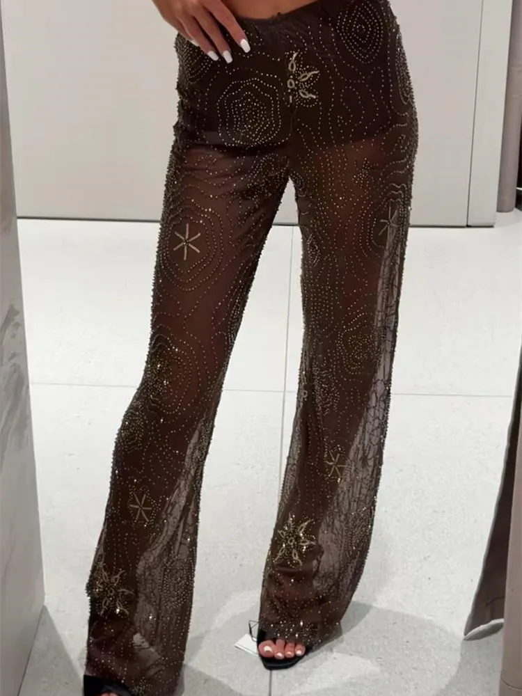 Chic Sexy Bead Embroidered Pants Woman Solid Color Top Glitter Straight ...