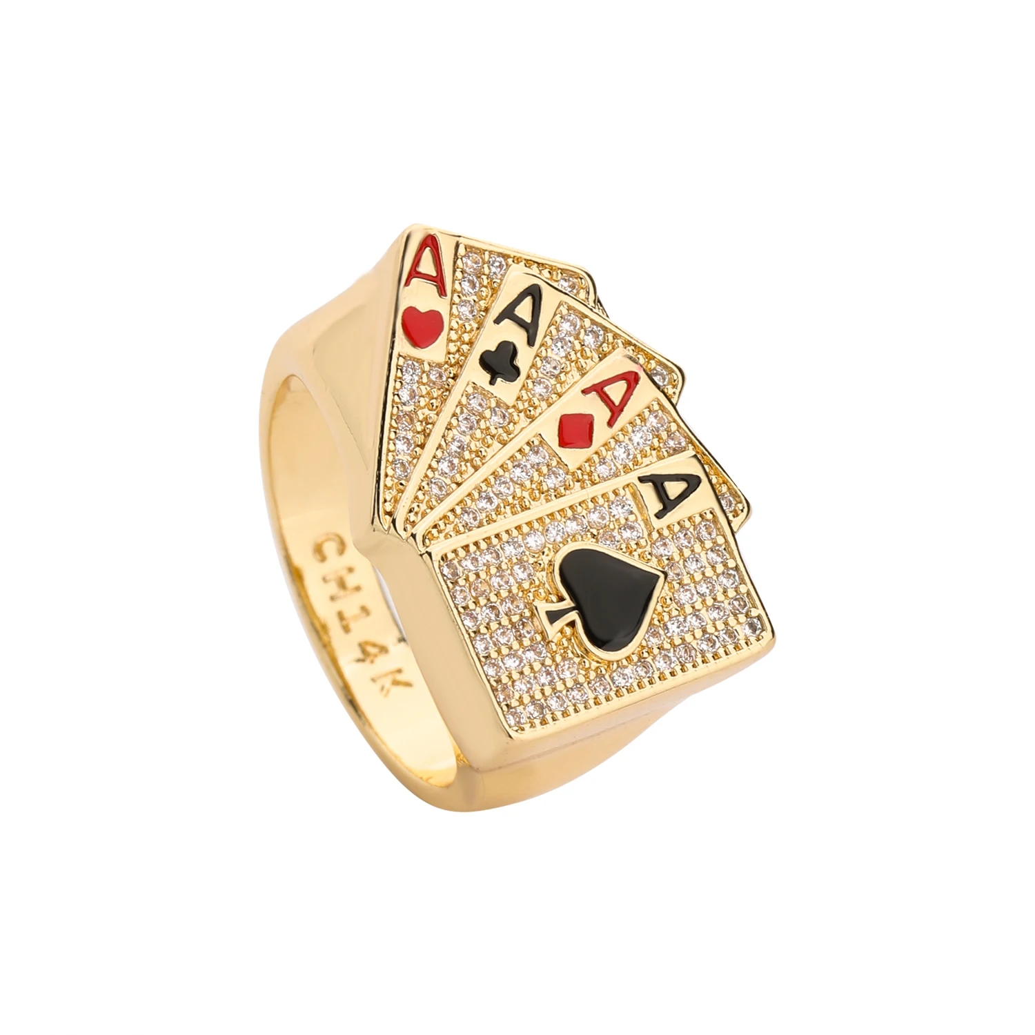 Men-s-Casino-Poker-Ring-Brass-Plated-14k-Gold-CZ-Inlaid-Zircon-Four-A ...