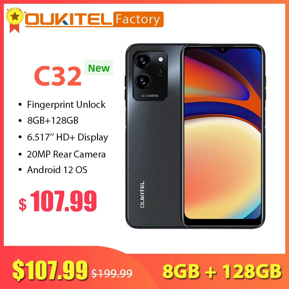 OUKITEL C32 Smartphone 8GB 128GB 20MP Camera Cellphone 5150mAh 6.517 Inch Display Octa Core ...