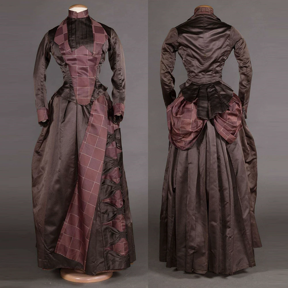 1880s Gothic Plaid Bustle Day Dress Victorian Edwardian Steampunk High ...