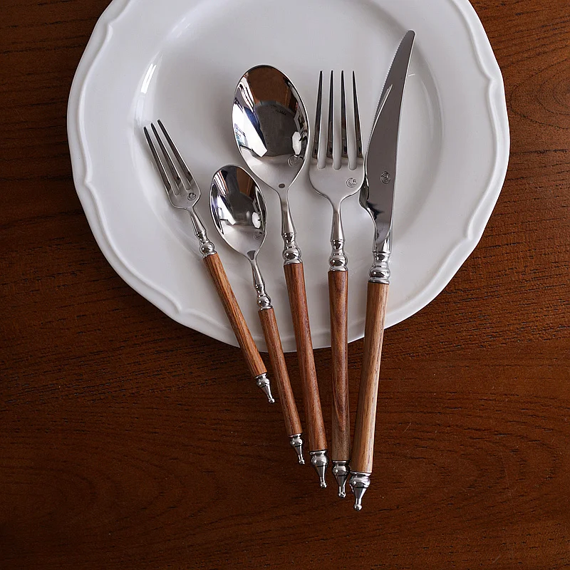 Solid-Wood-Handle-304-Stainless-Steel-Western-Food-Knife-Fork-Spoon-Set ...