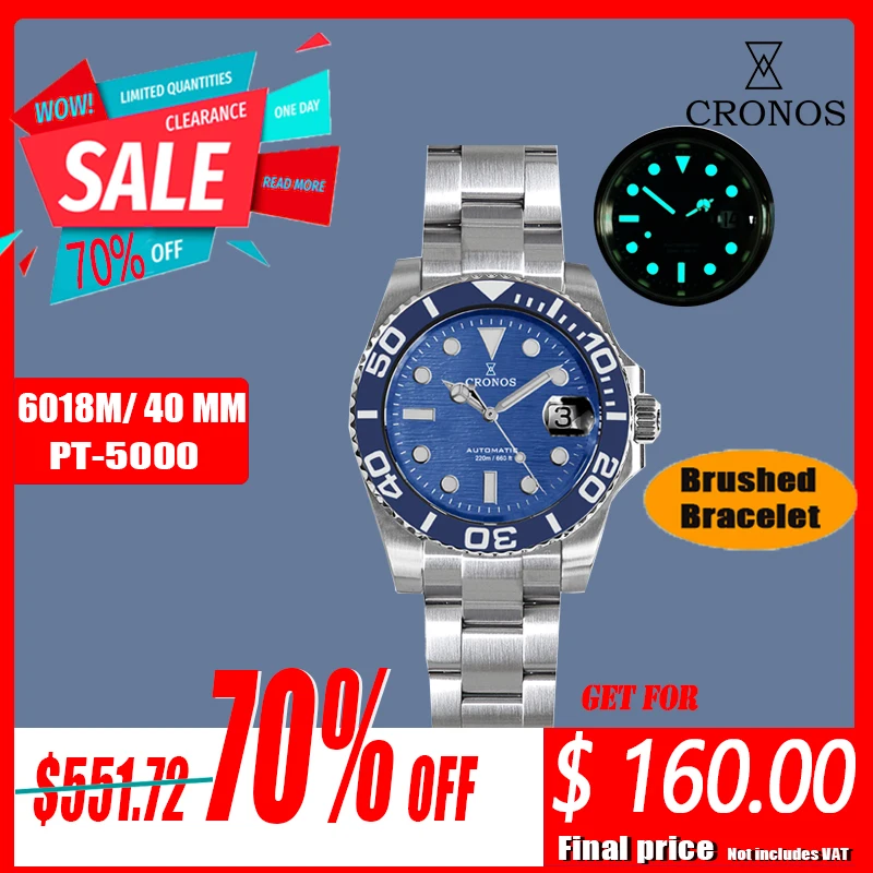 Cronos-Sub-Diver-Men-Watch-Stainless-Steel-PT5000-Brushed-Bracelet ...