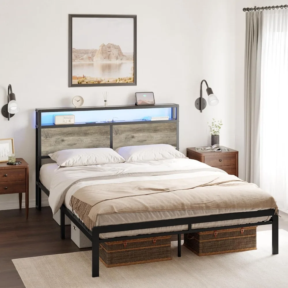 Full-bed-frame-with-storage-headboard-metal-platform-bed-with-LED-light ...