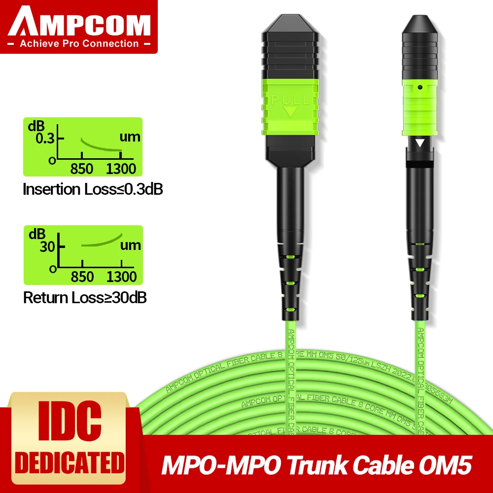 AMPCOM MPO to MPO Fiber Optical Trunk Cable, OM5 Multimode Optic Fiber ...