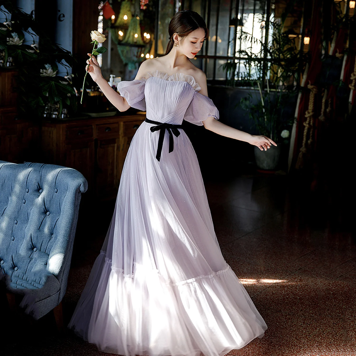 Shiny-Lavender-Korea-Prom-Party-Dresses-For-Women-Short-Sleeves-Pleat ...