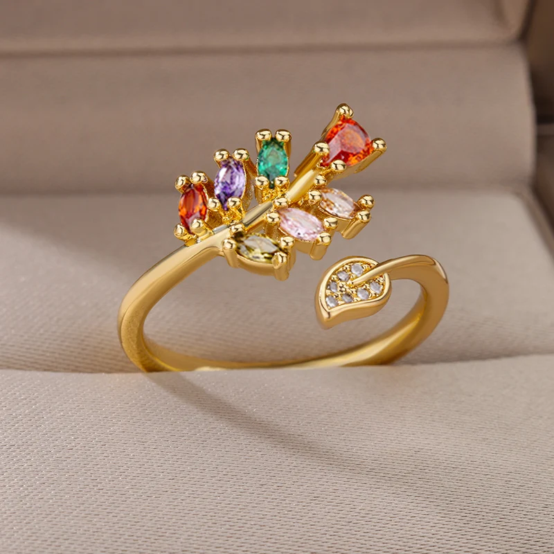Anillos coloridos de hojas de circón para mujer, anillo de acero ...