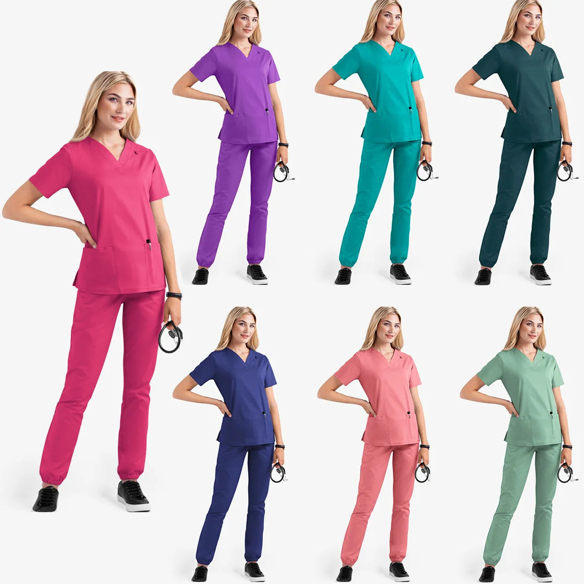Design Women Joggers Set Medical Scrubs Uniforms Short Sleeve Medical