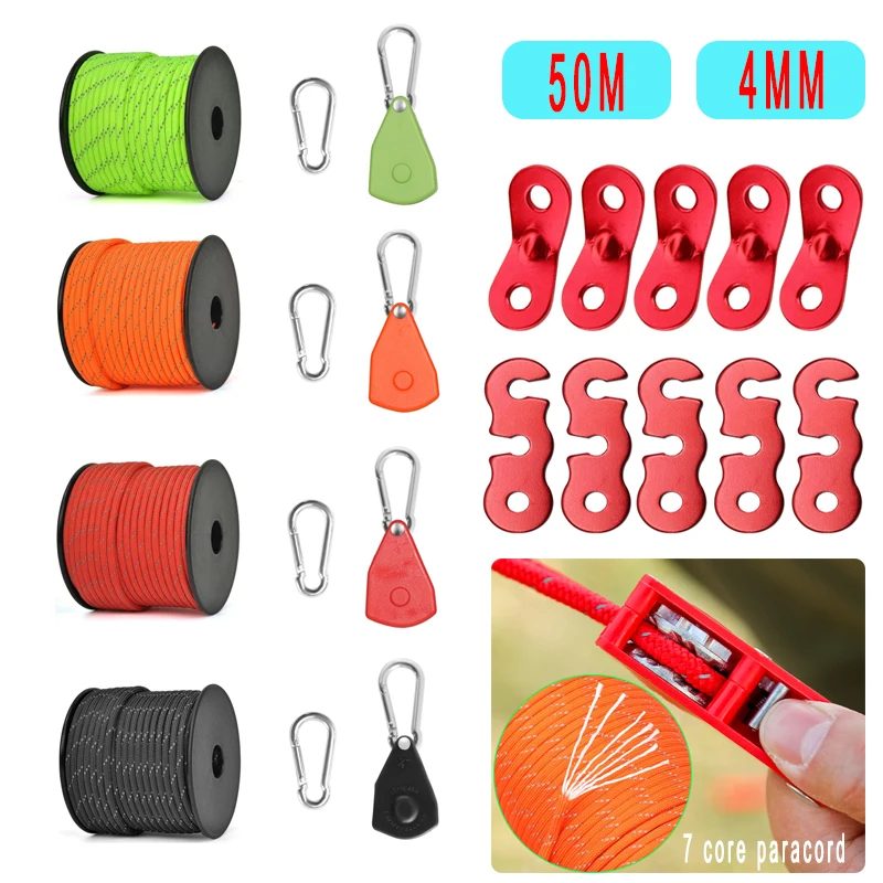 50m-4mm-7-Core-Paracord-Tent-Adjustable-Rope-Fastener-Fixed-Buckle ...