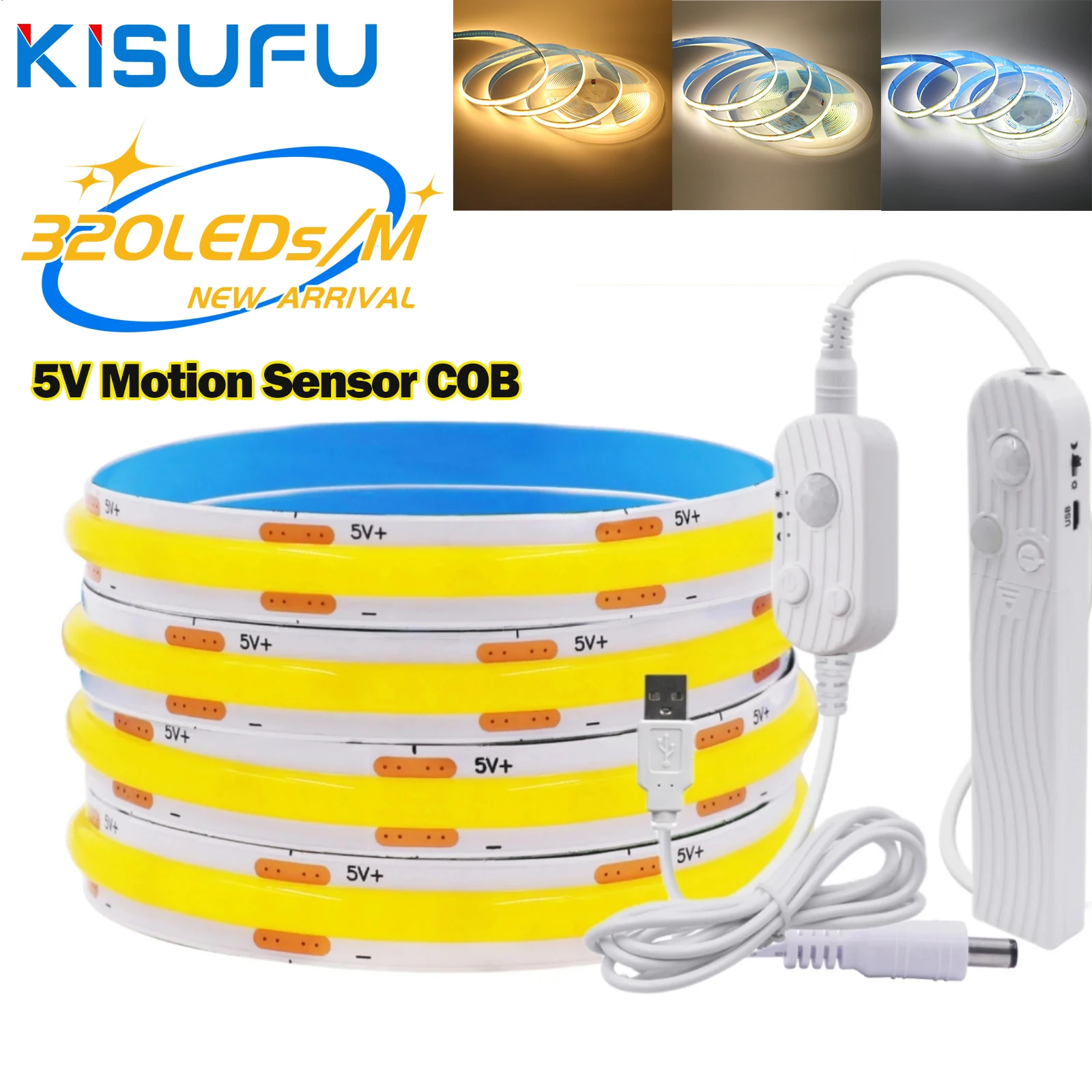 8MM COB LED Strip Light Motion Sensor Dimmable 5V 320LEDs/M USB/AAA ...