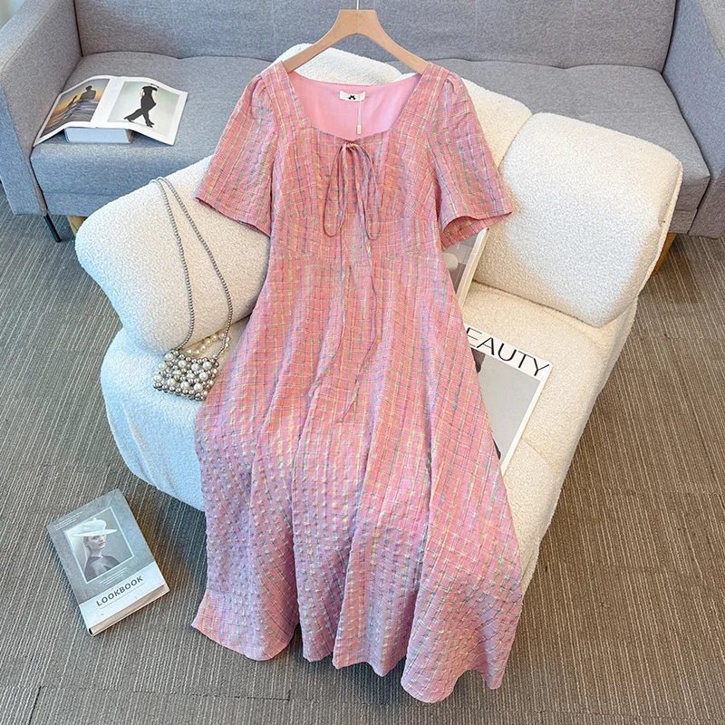 150Kg Plus Size Women's Bust 148 Summer Loose Pink Square Neck Plaid ...