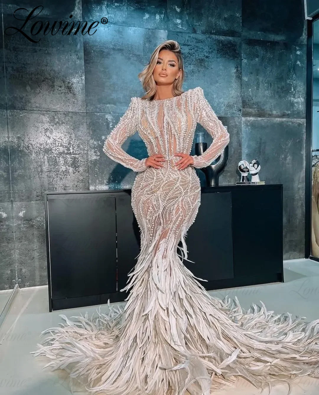 Dubai-Feather-Evening-Dresses-Formal-Long-Sleeve-Pearl-Beaded-Dress ...
