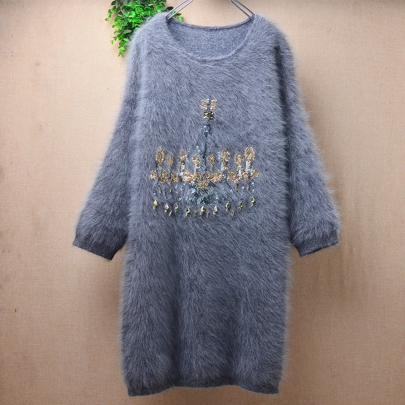 Female Women Fall Winter Clothing Grey Beaded Hairy Angora Rabbit Hair ...