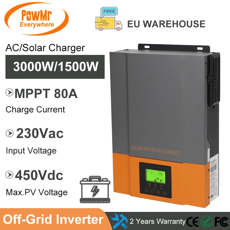 3KW 1.5KW 내장 MPPT 80A 태양열 충전기, 와이파이 순수 사인파 12V 24V 하이브리드 인버터 최대 PV 입력 450Vdc AC/태양열 충전기 ...