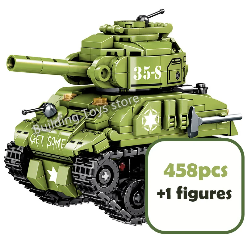 New Military M4 Sherman Medium Tank Building Blocks WW2 US Army Weapon ...