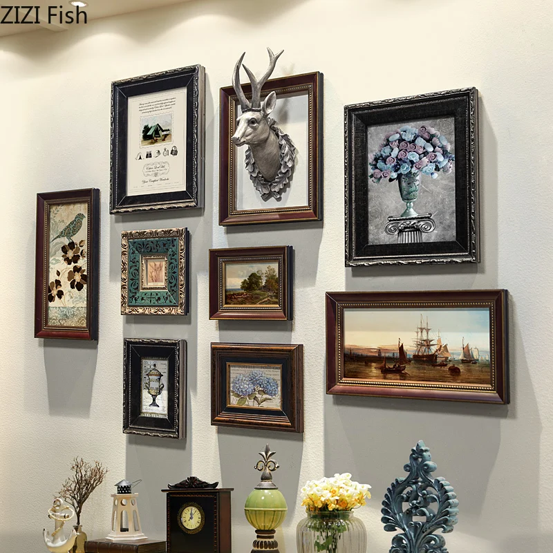8-21 Pcs/set Retro Photo Frame Wall Hanging Deer Head Ornaments Oil ...