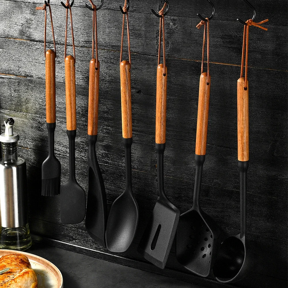 1/7Pcs Black Food Grade Silicone Kitchen Cookware Utensils Spatula ...