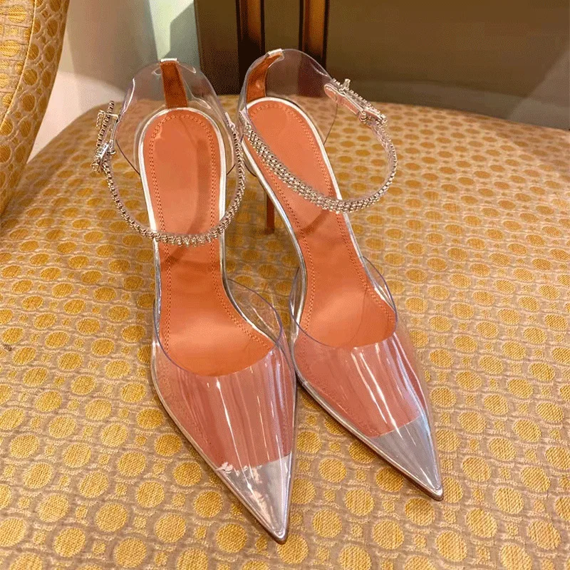 2022 Summer New Pointed toe Rhinestone One word Buckle Strap Toe ...