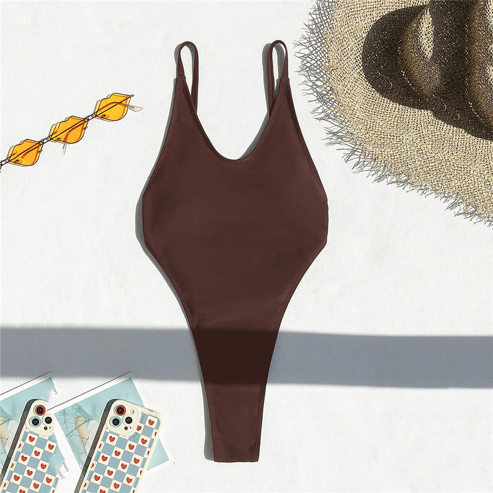 Brown Backless Sexy Swimsuit Women One Piece Swimwear 2026 Micro Thong ...