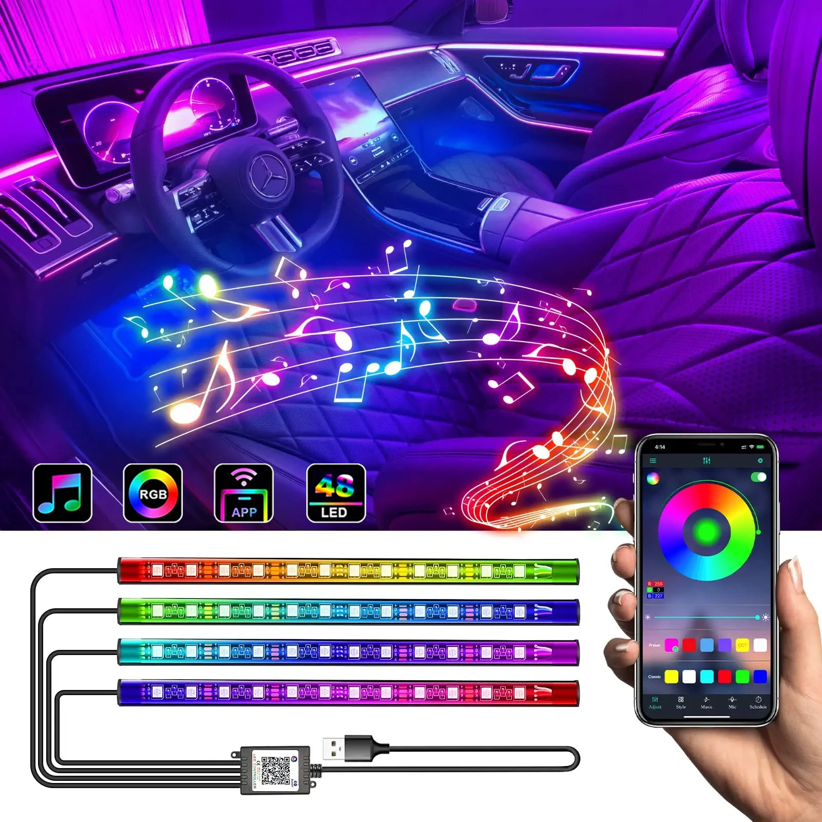 4In1-RGB-LED-Car-Interior-Ambient-Foot-Light-Backlight-with-USB-App ...