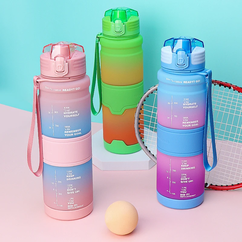 500/1000ML Sports Water Bottle Gradient Color BPA Free Protein Plastic ...