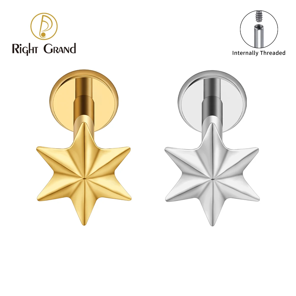 Right Grand ASTM F136 Titânio 3D Estrela Rosca Interna Labret Stud 16G ...