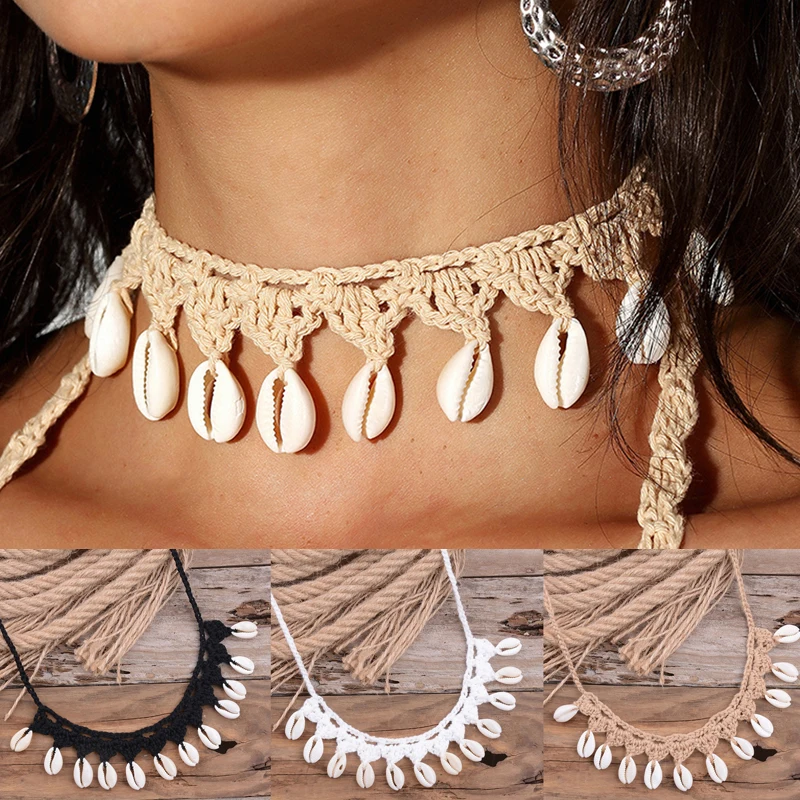 Bohemian-Shells-Necklaces-for-Women-Handmade-Woven-Rope-Chain-Choker ...
