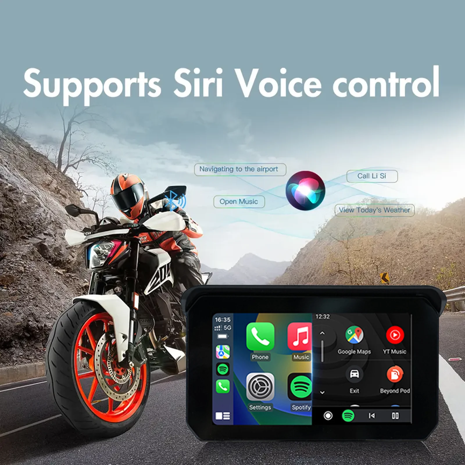 5 Inch Motorcycle Wireless Carplay & Android Auto GPS Navigation Single ...